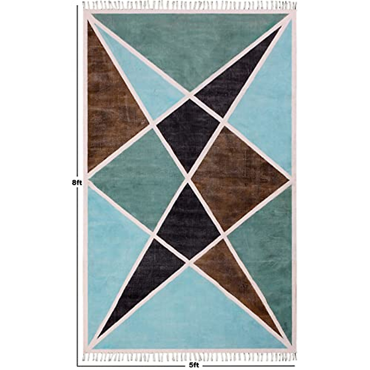 Casavani Hand Made Cotton Dhurrie Geometric Blue & Brown Tassel Rug Easy Care Washable Rugs for Doormat Entryway Living Room Bedroom Hallway Balcony 5x7 Feet