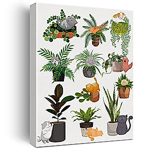 Cat Wall Art Boho Cats in Planters Canvas Print Framed Cat Artwork Cute House Plants Painting for Home Wall & Tabletop Decor