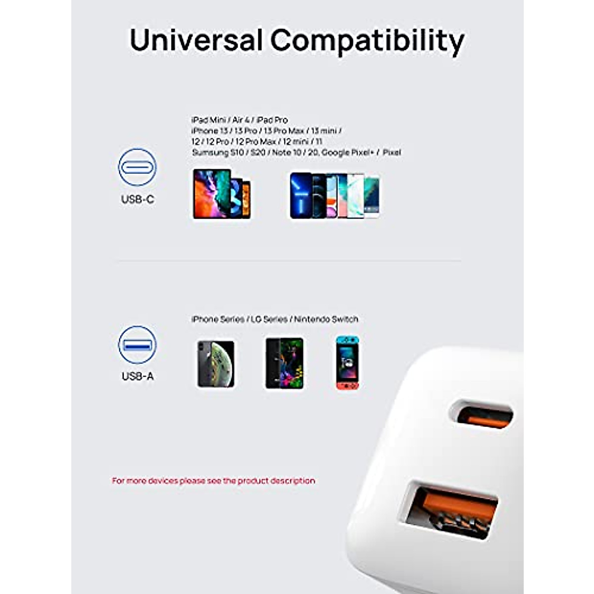 USB C Charger Block, JSAUX 20W Dual Port Fast Charger, USB Type C PD and QC 3.0 Foldable Wall Charger Plug Mini Adapter for iPhone 14 13 12 Pro Max SE, Apple Watch Series 7, iPad Pro Air, Airpods