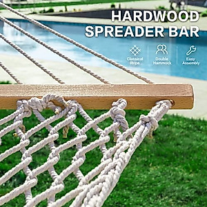 PNAEUT Double Rope Hammock with Stand Included, 12ft Heavy Duty Stand, 2 Person Traditional Cotton Rope Hammocks with Pillow for Outside Porch Patio Backyard Outdoor, Max 475lbs Capacity (Burlywood)