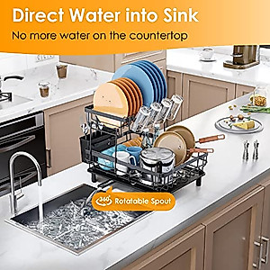 AIDERLY 2 Tier Dish Drying Rack Dish Racks for Kitchen Counter Metal Dish Drainers with Knife Cup Utensil Holder, Black