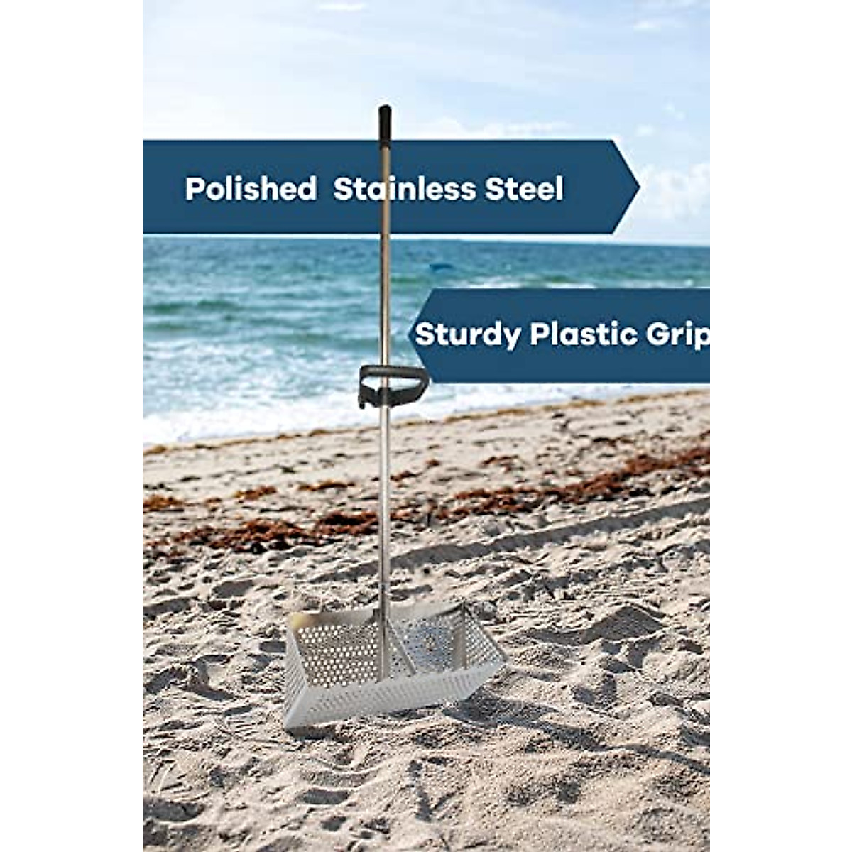 Sand Fleas Rake, Stainless Steel Sand Sifter, Detachable 47 Inches Long Handle, Collapsible Shark Tooth Sifter for Beach,Sand Crab Catcher with Foldable Pail .