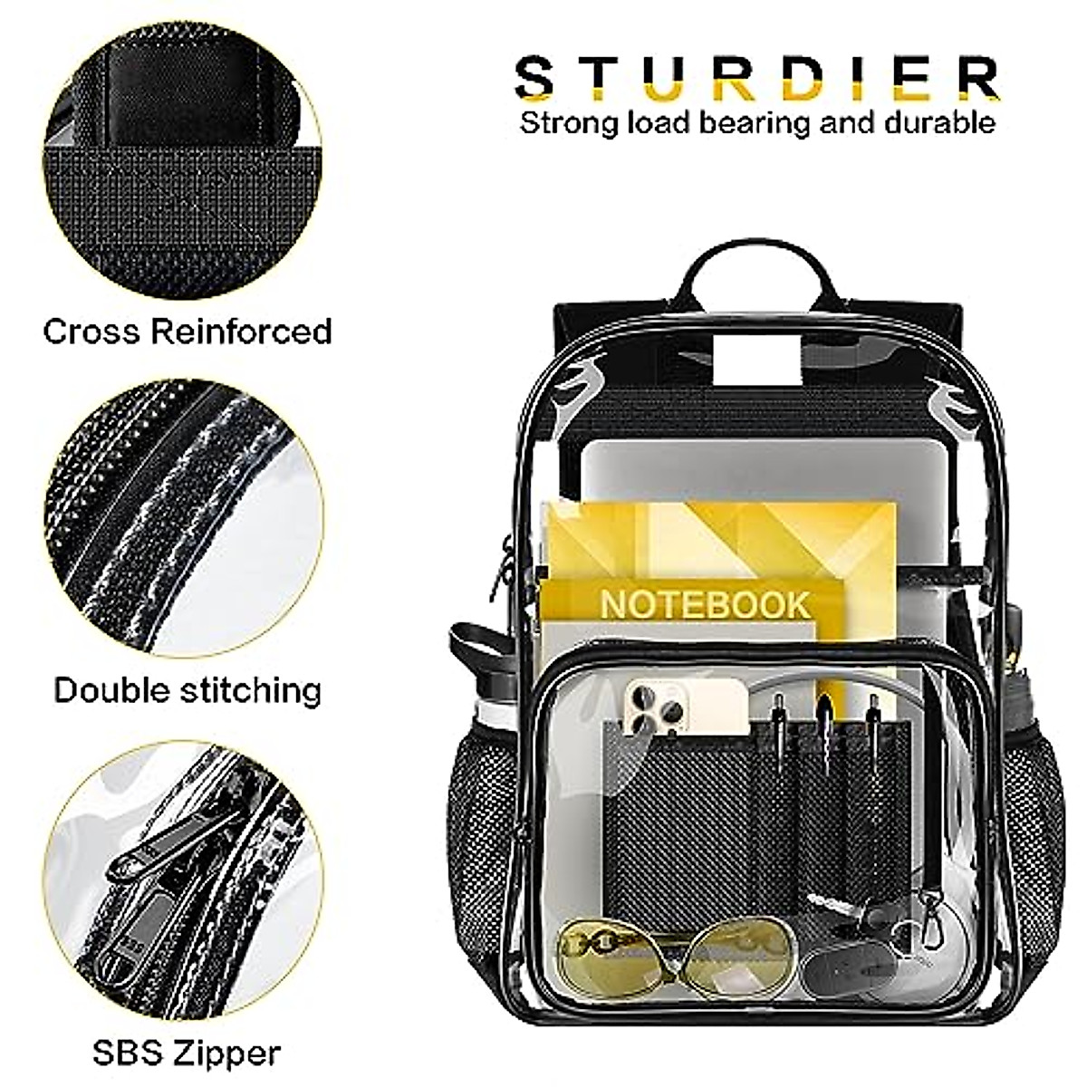 GEAMSAM Clear Backpack, Heavy Duty Transparent Backpack with Reinforced Bottom See Through Backpack for College, Travel, Workplace Security - Black