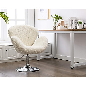 CIMOO White Makeup Vanity Chair, Swviel Furry Home Office Chair with Wheels Arms, Fluffy Accent Chair for GirlsTeens Bedroom Living Room, Cream Curly Fur