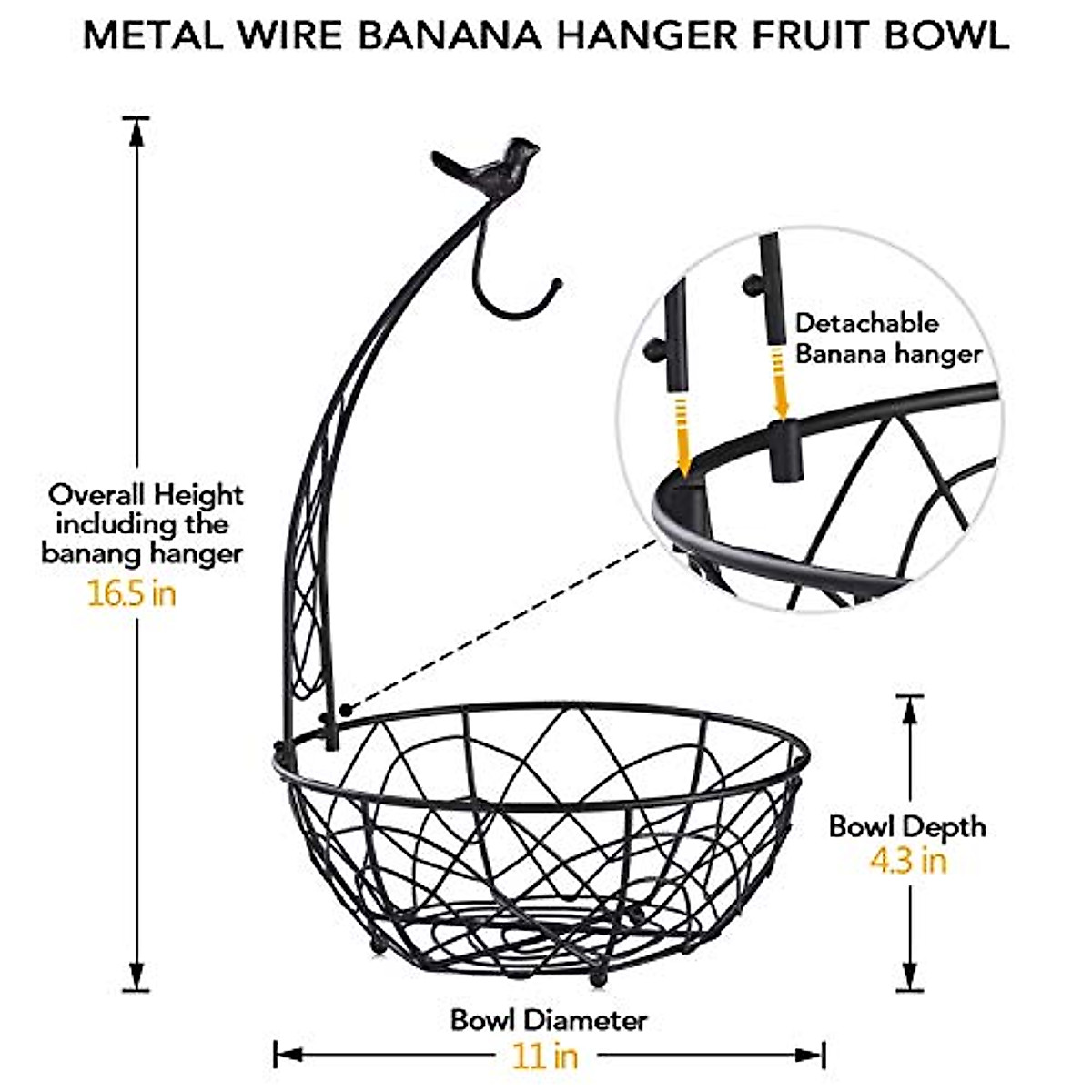 Buruis Fruit Basket Bowl with Banana Hanger, Modern Bird Design Fruit Container, Creative Tabletop Fruit Basket for Kitchen Countertop Dining Room, Decorative Display Stand (Black)