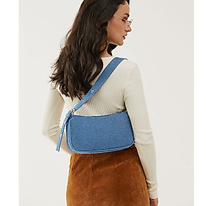 Denim 90s Shoulder Handbag Classic Women Purse with Grommets Adjustable Shoulder Strap Jeans Style Bag (Blue)