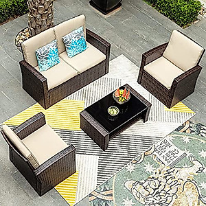 YITAHOME 5 Piece Patio Furniture Sets, All-Weather Outdoor Patio Conversation Set, PE Rattan Wicker Small Sectional Patio Sofa Set with Table, Brown
