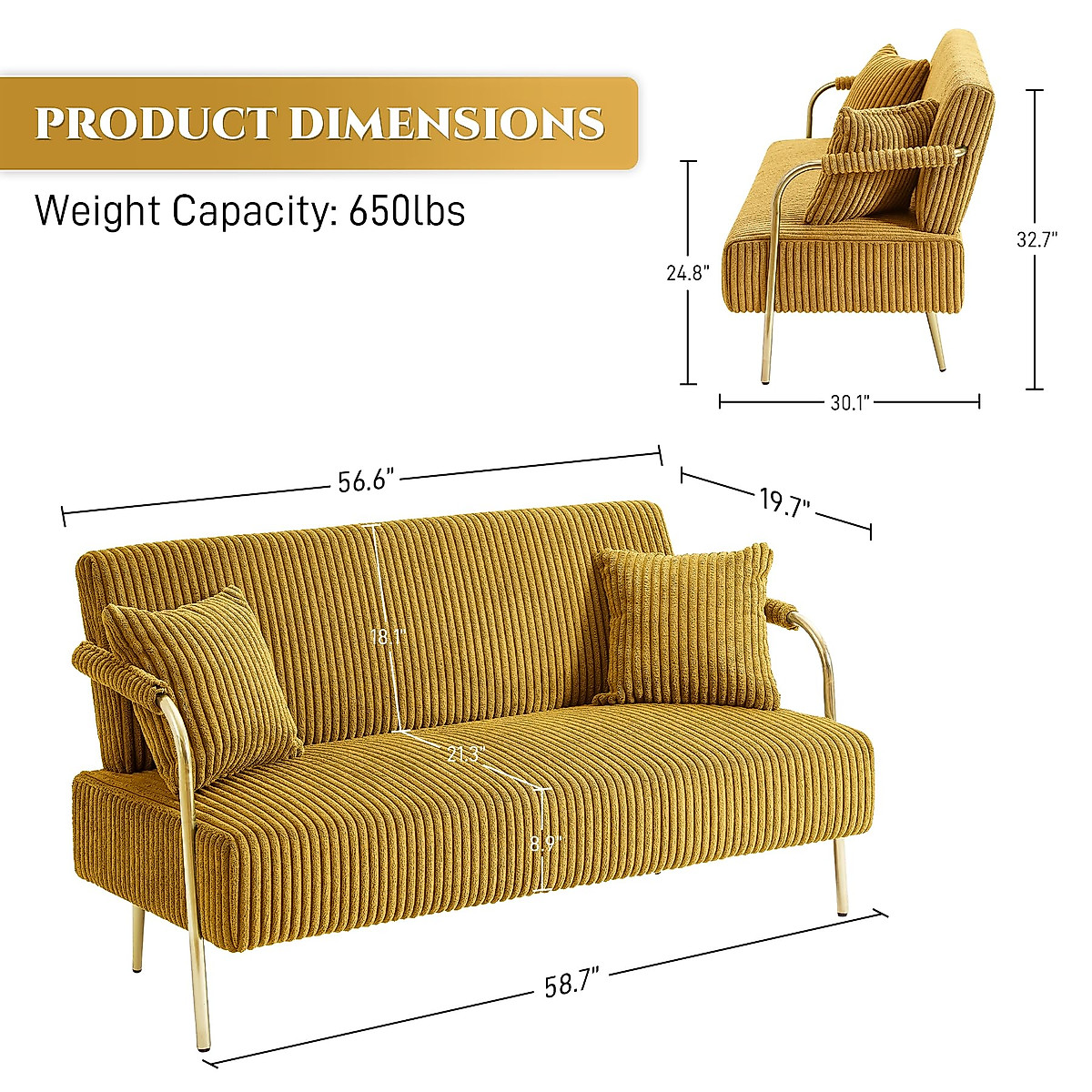 OUYESSIR Loveseat Small Sofa Couch, 59" Love Seat Settee 2 Seater Upholstered Sofa with 2 Pillows for Small Space Living Room Office Apartment (Ginger, Corduroy)
