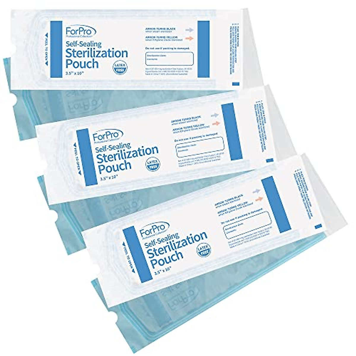 ForPro Self-Sealing Sterilization Pouches, Latex-Free, Color Changing Indicator, 3.5” W x 10” L, 200-Count