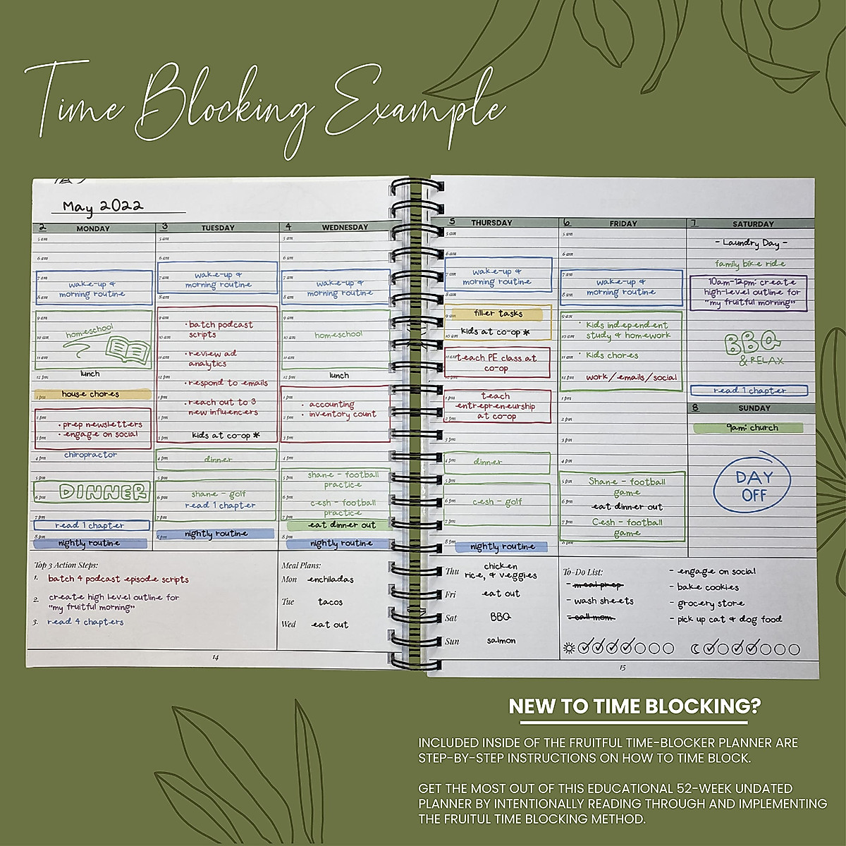 52-Weeks Undated, Time Blocking Planner, Increase Productivity and Improve Time Management, Set Annual & Monthly Goals, Hardcover, Wire Bound, Instructions on How to Time Block (White Matte)