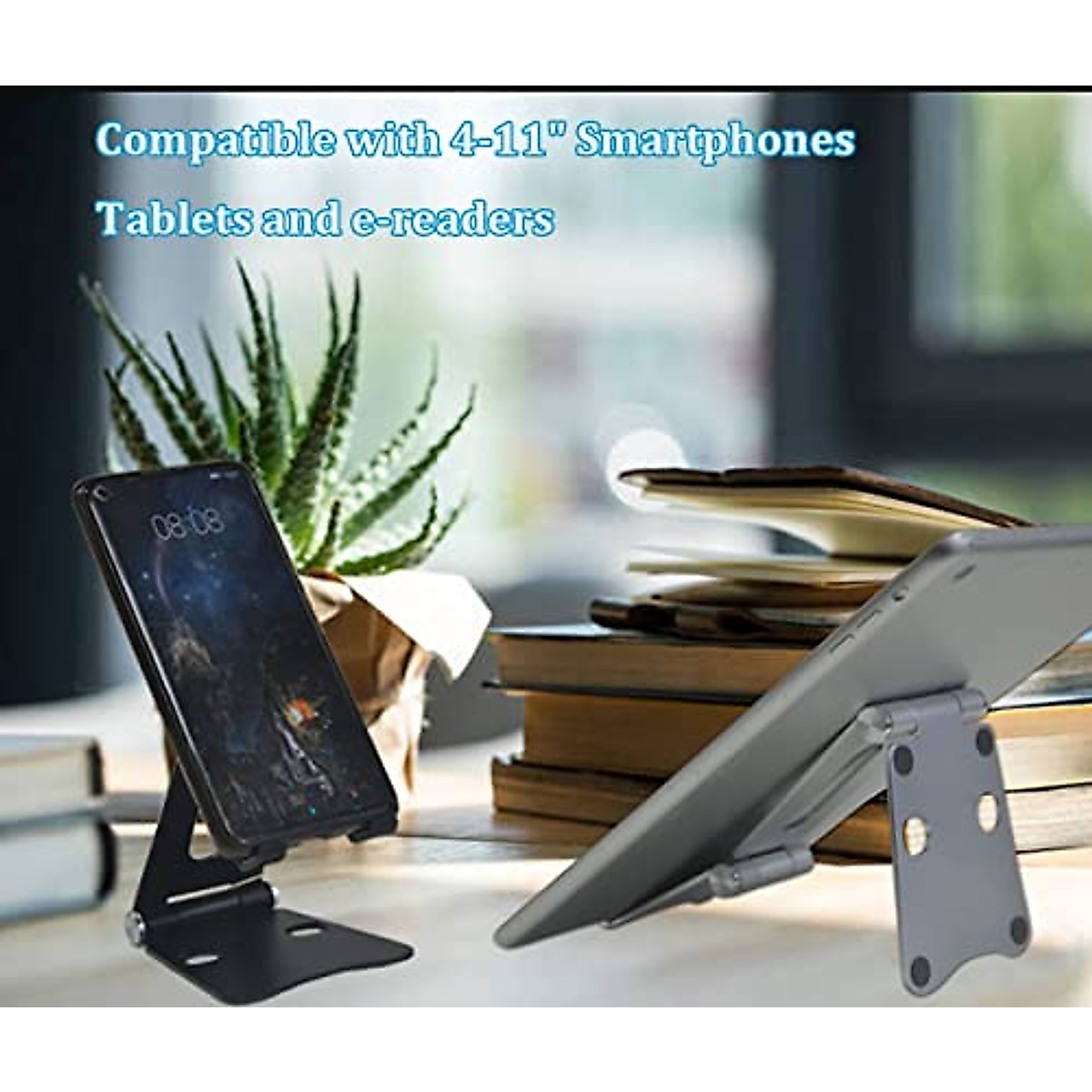 PJYU Foldable Cell Phone Stand, Adjustable Phone Stand Aluminum Alloy Mobile Phone Holder Compatible with All Phones, Tablets and E-Reader Under 11"