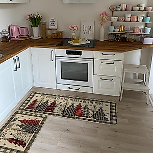 ARKENY Merry Christmas Kitchen Rugs Set of 2 ， Red Xmas Tree Floor Mat,Farmhouse Style Kitchen Decorations for Door Mats- 17x29 and 17x47 Inch AKM001