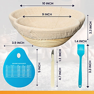 Bread Banneton Proofing Basket Set | 9” & 10” Round Baking Bowl Kit for Sourdough | Includes Dough Scraper, Bread Lame, Brotform Cloth Liner, Basting Brush (Blue)
