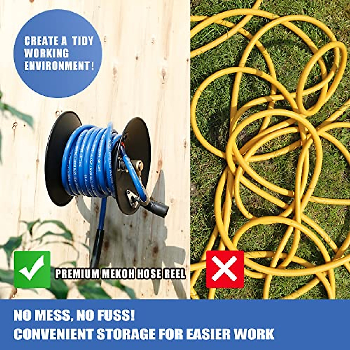 MEKOH Pressure Washer Hose Reel 50ft, 4000 PSI Heavy Duty Power Washer Hose Reel Wall Mounted, Metal Hose Reel Hand Crank, Outdoor Hose Reel for Air/Liquid/Water Use