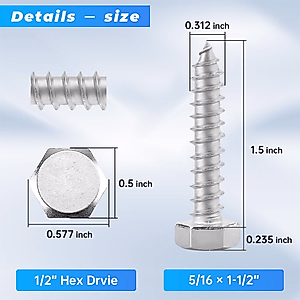 Glvaner (15 pcs) 5/16" x 1-1/2" Stainless Steel Hex Head Lag Bolts, Hexagonal Head Lag Screws, 304 Stainless Steel 18-8, Secure Hold for Wood