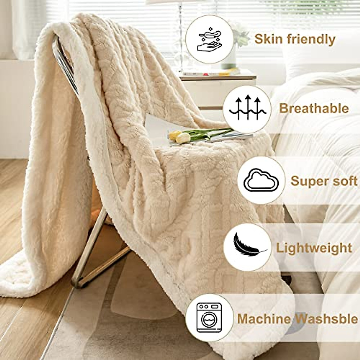 Thick Sherpa Throw Blanket Fleece Plush Blanket for Couch Sofa Boho Pattern Soft Warm Blanket for Winter,Beige,60“x80