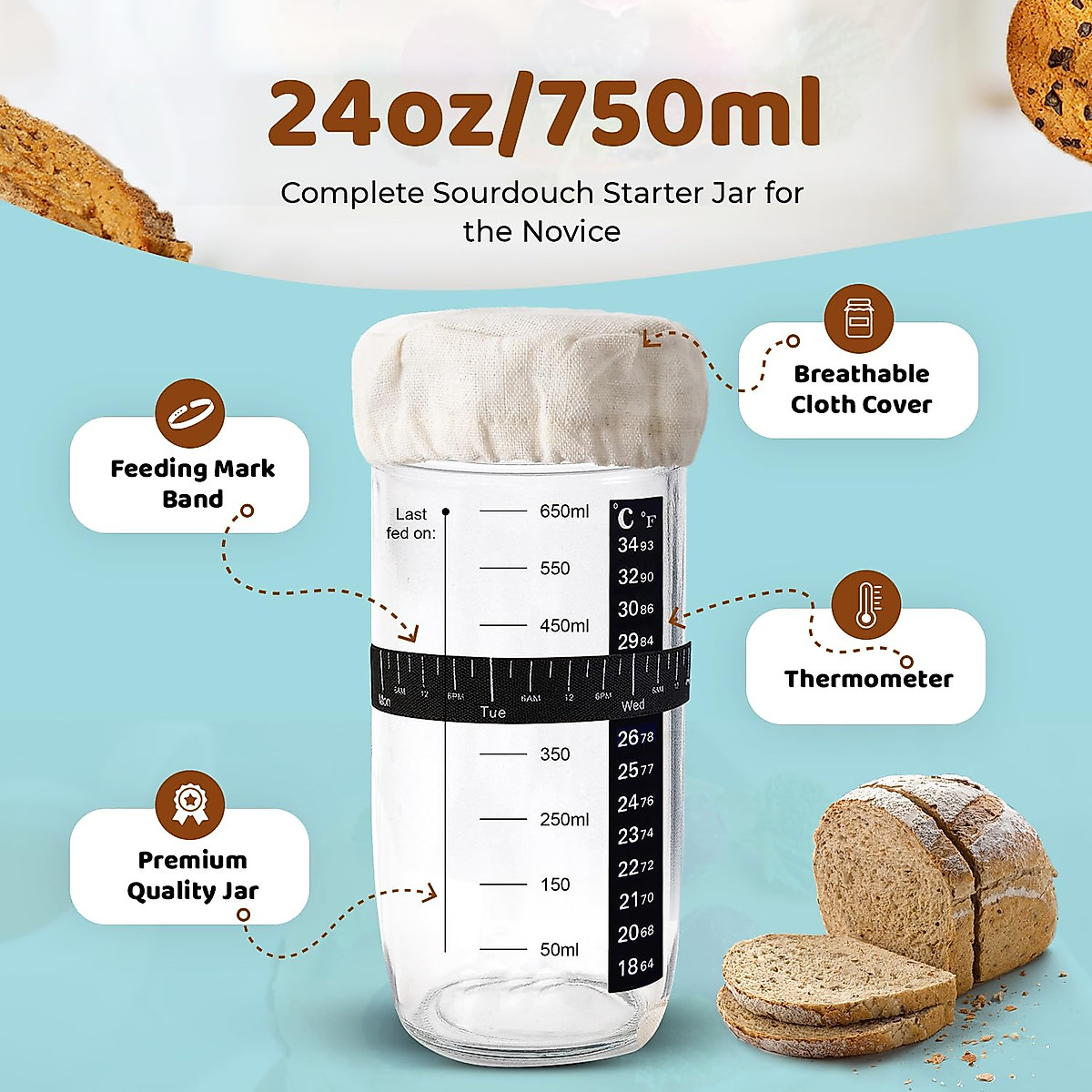 Jodhu Sourdough Starter Jar Kit 24oz with Spatula & Dough Scraper Wide mouth Aluminium lid thermometer Dated Rubber feeding band Sewn cloth cover for baking Sourdough culture bread yeast