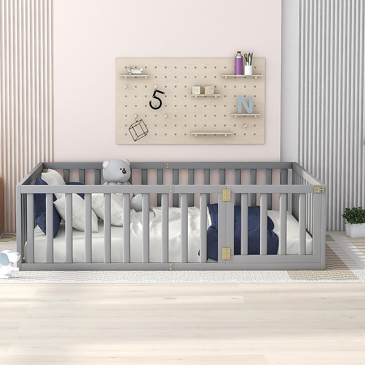 Harper & Bright Designs Full Size Floor Bed with Rails,Montessori Floor Bed Wood Frame with Fence and Door, for Kids Girls Boys-Gray