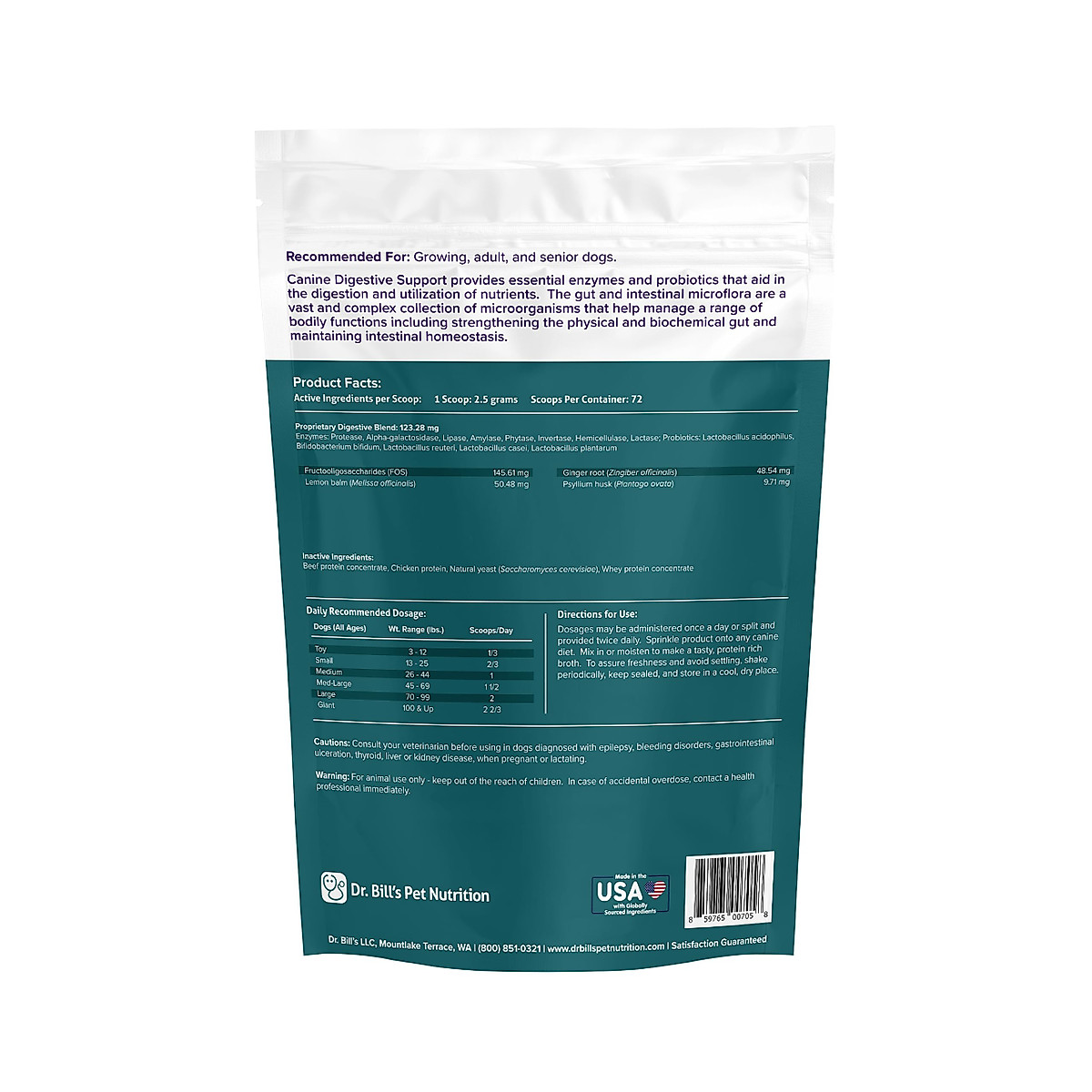 Dr. Bill’s Canine Digestive Support | Probiotics & Prebiotics for Dogs | Gut Health Pet Supplements | Contains Ginger Root, Psyllium Husk, Lemon Balm and Bifidobacterium