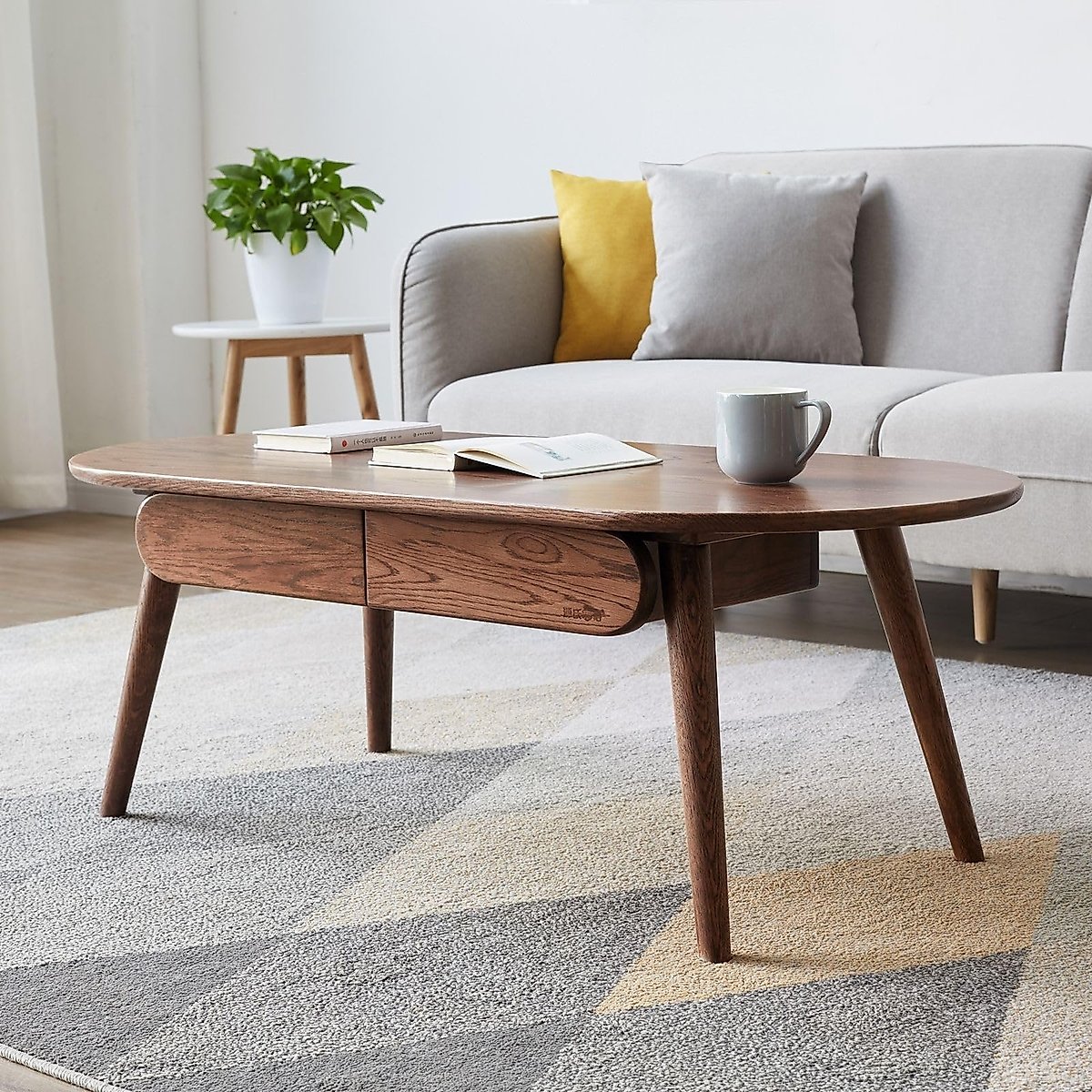 Vadisun Modern 100% FAS Oak Coffee Table - Unique Coffee Table & Space-Saving Wooden Coffee Table Easy Assembly (Walnut color with drawers)
