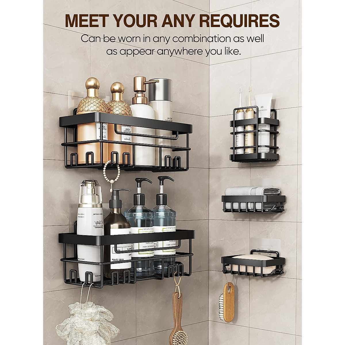 Cobbe Adhesive Shower Caddy 5-Pack, Large Wall Mounted Shower Shelves Rack, Organizer Storage Accessories with Soap Dish&Toothbrush Holder, Shelves for Bathroom Storage & Home Kitchen Decor, Black