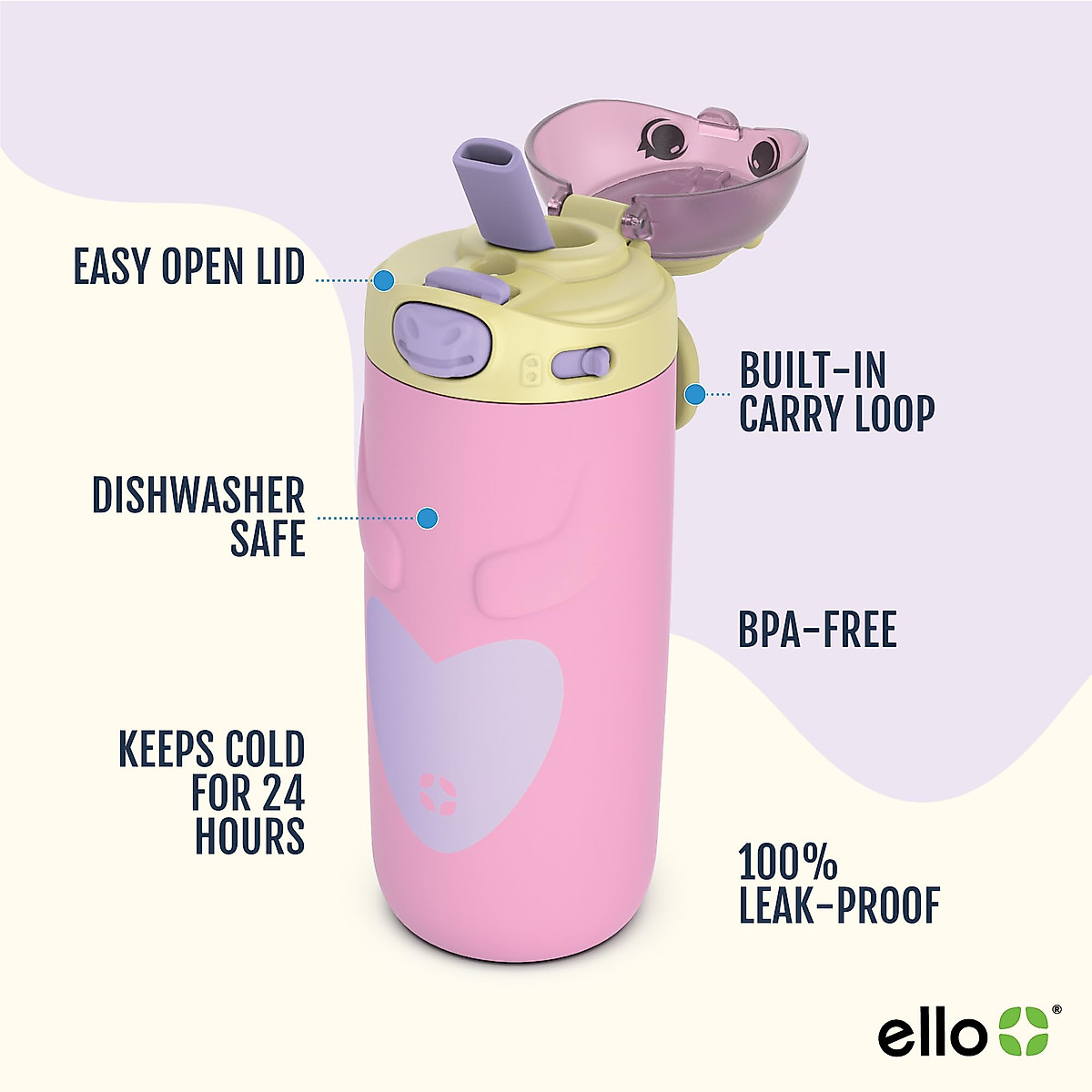 Ello Ellies 12oz Vacuum Insulated Stainless Steel Kids Water Bottle with Straw and Built-in Carrying Handle and Leak-Proof Locking Lid for School Backpack, Lunchbox and Outdoor Sports, Unicorn