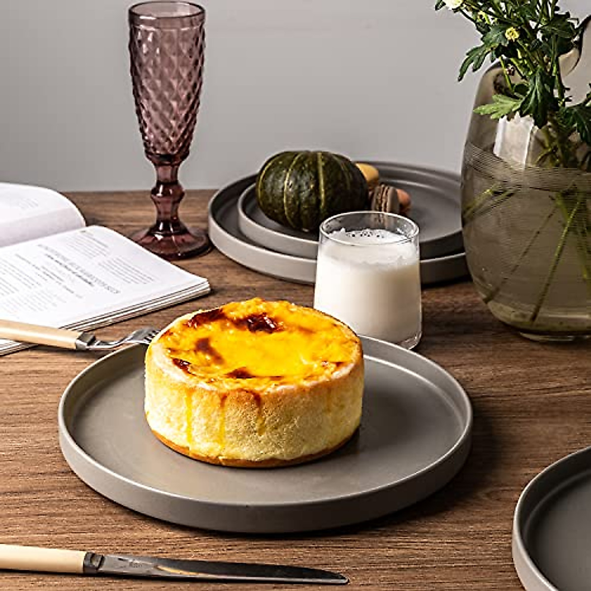 AmorArc Ceramic Dinner Plates Set of 6, 10.0 Inch Matte Stoneware Plates for Kitchen,Modern Flat Dinnerware Dishes Set,Microwave& Dishwasher Safe, Scratch Resistant,Matte Grey