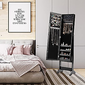 COSTWAY Jewelry Armoire Cabinet, Standing Jewelry Organizer with Full-length Mirror & 3 Adjustable Angles, Large Storage Capacity Jewelry Cabinet for Bedroom, Dressing Room (Black)