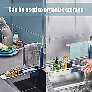 Bili-silly Upgraded Telescopic Sink Storage Rack Adjustable Length 2-in-1 Sink Organizer Tray Sponge Soap Holder with Dishcloth Hanger Expandable Kitchen Sink Organizer Rack for Home Kitchen