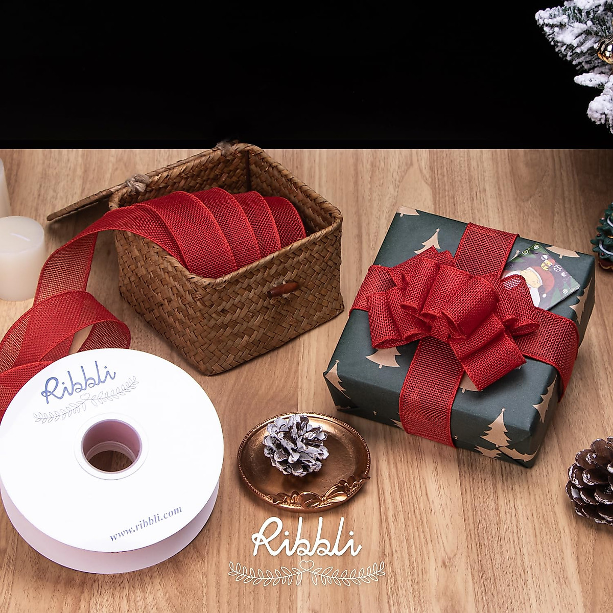 Ribbli Red Burlap Wired Ribbon,1-1/2 Inch x 10 Yard,Wired Edge Ribbon for Big Bow,Wreath,Tree Decoration,Outdoor Decoration