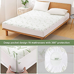Full Waterproof Mattress Protector, Rayon Made from Bamboo Mattress Pad Cover, Soft Breathable Cooling Mattress Pad Cover, Mattress Protector up to 21” Deep Pocket Tightly Fitted Mattress Protection