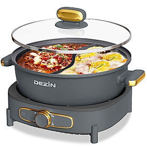 Dezin Hot Pot Electric with Divider, 5L Double-Flavor Shabu Shabu Pot, Dual Sided Removable Non-Stick Hotpot Pot Electric, 3" Depth Chinese Hot Pot with Multi-Power Control, 2 Silicone Ladles Included