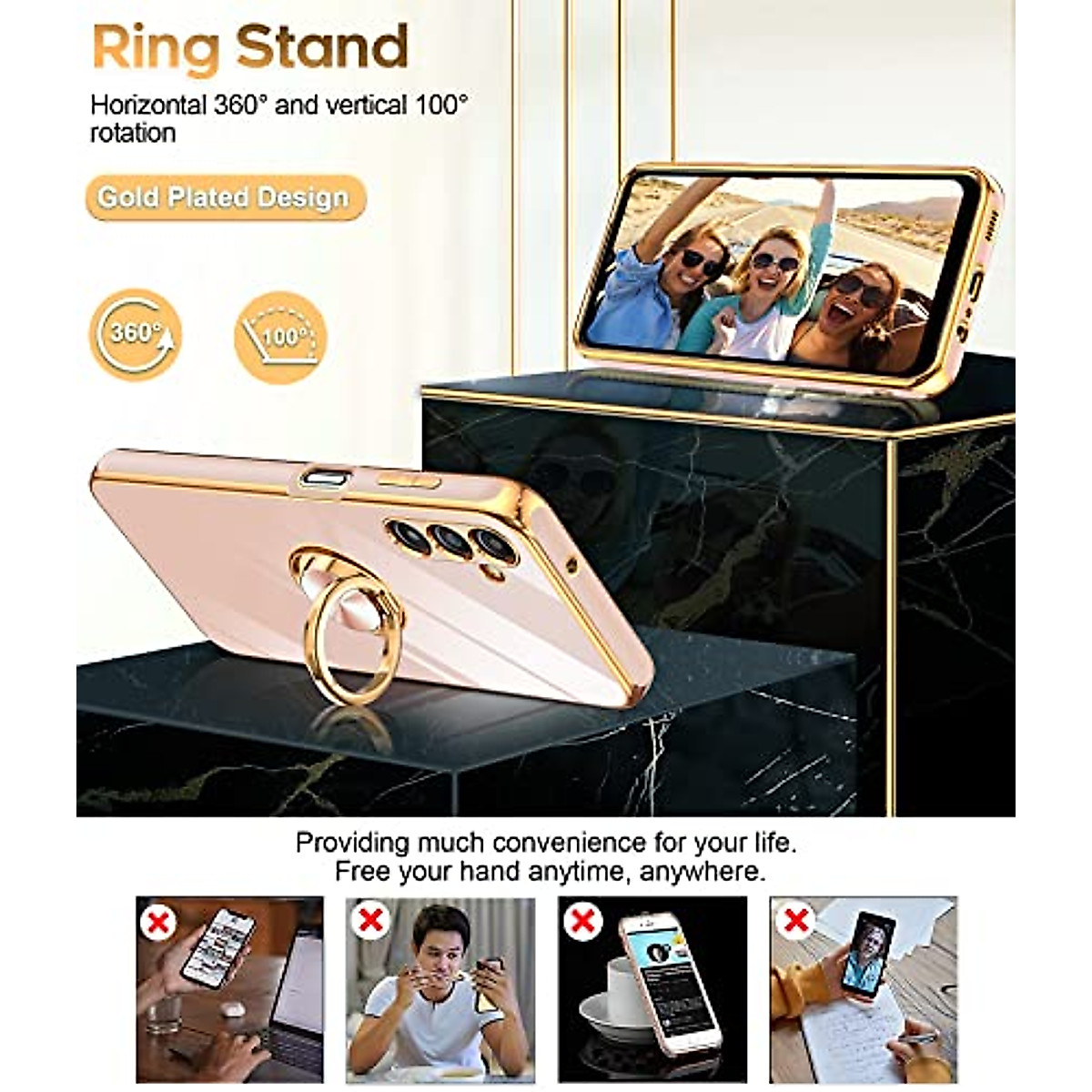 LeYi for Samsung Galaxy A14 5G Case with Tempered Glass Screen Protector [2 Pack] 360° Rotatable Ring Holder Magnetic Kickstand, Plating Rose Gold Edge Protective Case, Pink