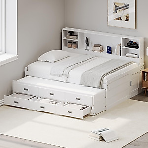 SOFTSEA Twin Size Daybed with Storage and Trundle, Twin Captain Bed with Bookcase Headboard and 3 Drawers, Wooden Daybed with Storage and Trundle Bed for Kids Teens Guests, White