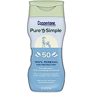 Coppertone Pure and Simple Zinc Oxide Mineral Sunscreen Lotion SPF 50, Body Sunscreen, Water Resistant, Broad Spectrum SPF 50 Sunscreen for Sensitive Skin, 6 Fl Oz Bottle