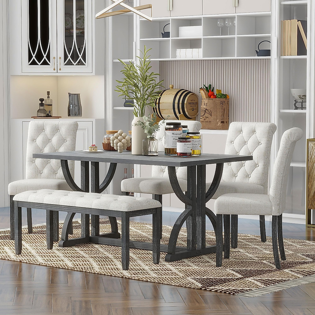 HZXINKEDZSW 6-Piece Retro Dining Table Set,Wood Rectangular Table with Unique Legs and 4 Upholstered Chairs & 1 Bench for Dining Room Living Room,Kitchen Table Set for 6 (Gray Wash-59.8" L)