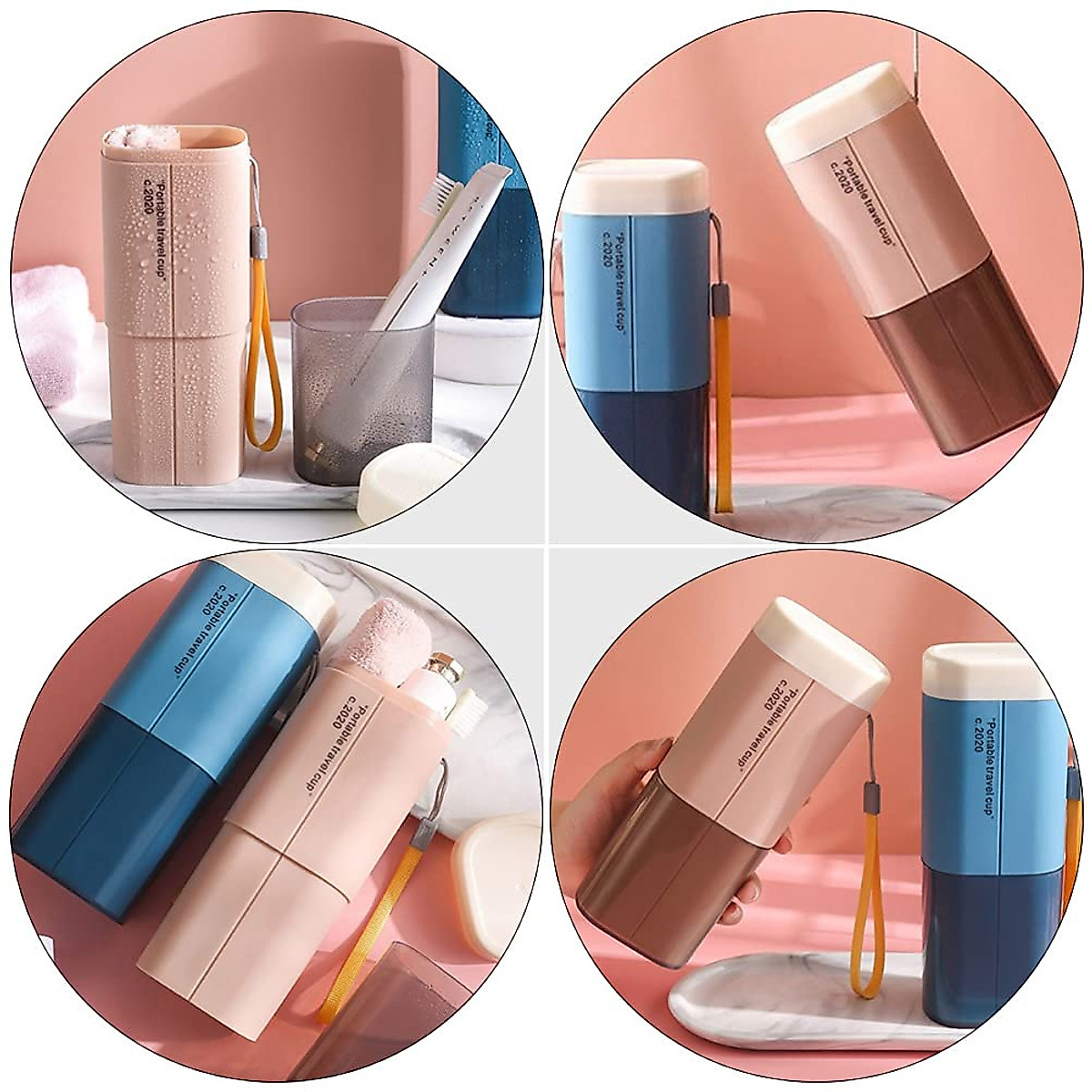 2pcs Travel Toothbrush Cases Plastic 2 in 1 Toothpaste Toothbrush Holder Gargle Cup Toothbrush Storage Box with Handle for Outdoor Camping Trip Pink