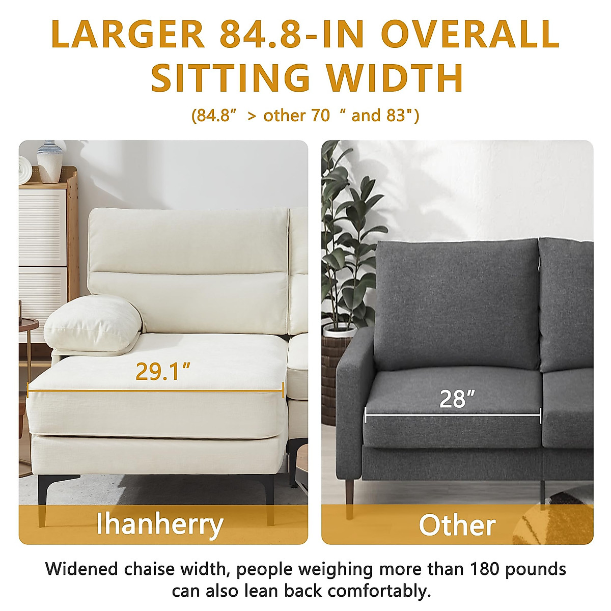 Ihanherry 85” Convertible Sectional Sofa Couch, 3 Seat Sofa for Living Room L-Shaped Modern Chenille Fabric Modular Sofa Reversible Wide Chaise & Fluffy Armrests for Apartment (Beige)