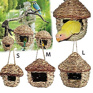 POPETPOP Hanging Bird House Handwoven Grass Bird Hut - Bird Nest for Parakeets Parrots Canary and Other Small Pets - Bird Cage Accessories - Size M