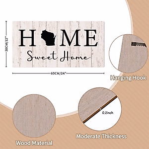 Classic Style Wood Pallet Sign Home Sweet Home Wisconsin State Rustic Wooden Wall Plaque Wall Pediment Inspirational Wood Wall Pediment for Deck Front Door Wall Hanging Decorations 12x24 Inch