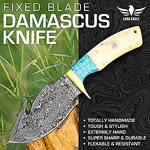 Lara Eagle Damascus Skinner Gut hook Knife, Damascus Handmade Fixed Blade Hunting Knife With Camel Bone and Turquoise Handle, Full Tang Handmade Viking Knife For Men, Best for Hunting/Camping.