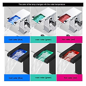 LIANTE LED Bathroom Sink Faucet, Matte Black Waterfall Single Hole Handle RV Bath Vanity Faucets, Wide Glass Spout,Kitchen Faucet