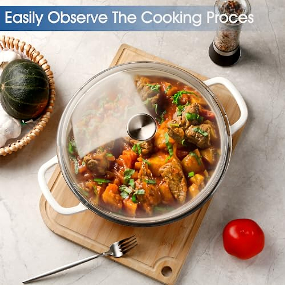 NUTRIUPS 3.6 Quart Braiser Enameled Cast Iron Dutch Oven Pot with High Borosilicate Glass Lid, Dutch Oven/Casserole Cast Iron Non Stick Larger Handle (Beige + White)