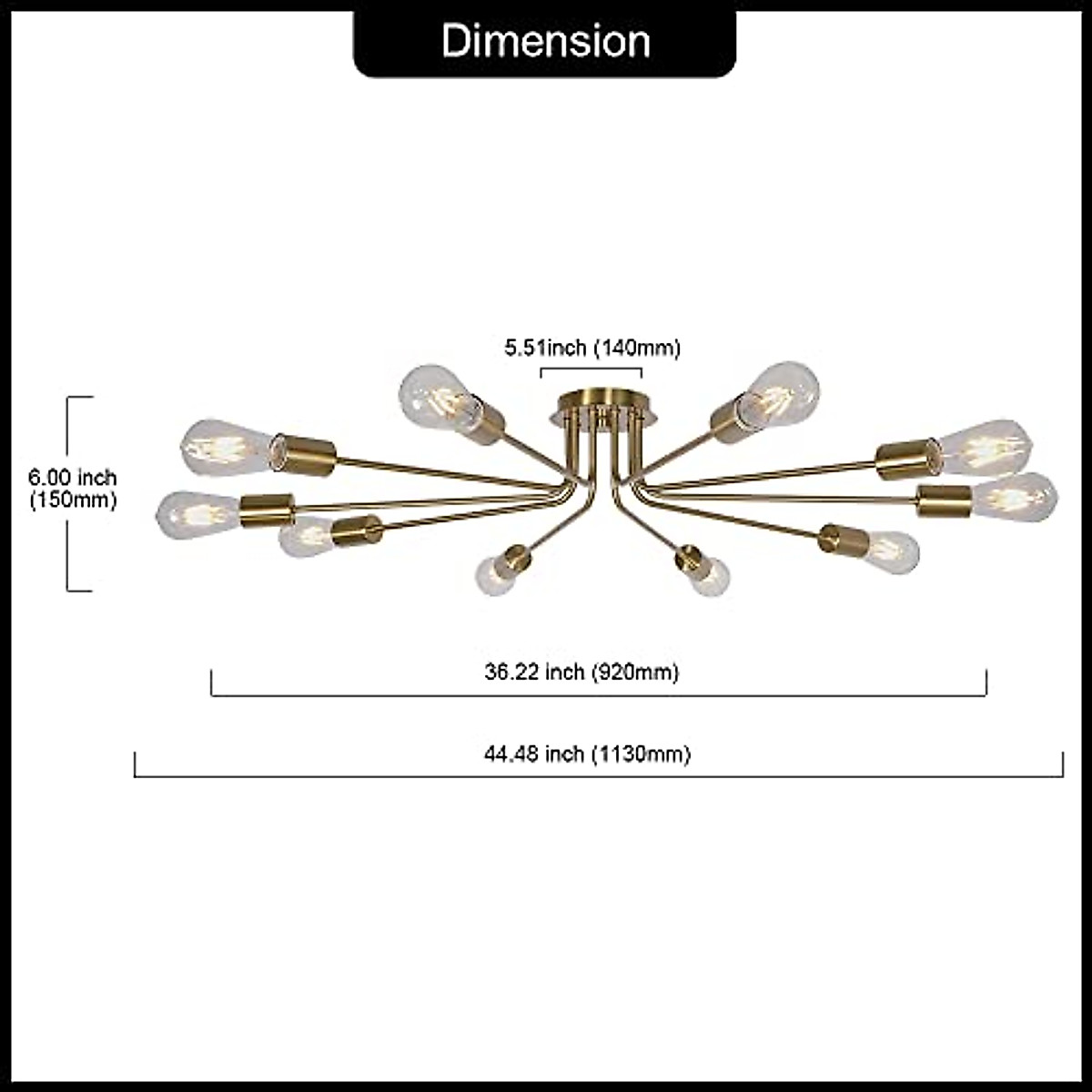 TULUCE Kitchen Lighting Fixture Industrial Flush Mount Ceiling Light Mid Century 10 Light Sputnik Chandelier for Kitchen Dining Room Small Bedroom Living Room Brass Painted Metal Ceiling Lighting