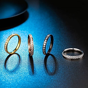 Mesnt Wedding Rings for Women, Stainless Steel 3MM Thin Stackable Pinky Ring Inlay with Row Cubic Zirconia for Women Black, Size 9