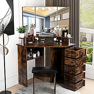 VOWNER Vanity with Lights - Vanity Desk with 3 Color Lighting Options, Brightness Adjustable, Vanity Table with 5 Rotating Drawers, Shelves and Stool, Corner Vanity for Women Girls, Rustic Brown 43“ L