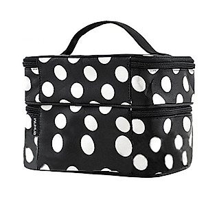 BONAMART Small Travel Makeup Bag Cosmetic Organizer Case for Women, Professional Double Layer Black Pink Dot Toiletry Train Brush Bags With Mirror for Girls Ladies (7.87x4.72x5.51 Inches)