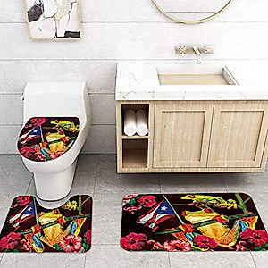 MuswannaA 4 Piece Shower Curtain Sets Puerto Rican Flag Frog with Colorful Hibiscus Flowers Non-Slip Rug, Toilet Lid Cover, Bath Mat Waterproof Shower Curtain Bathroom Sets with 12 Hooks Bath Decor