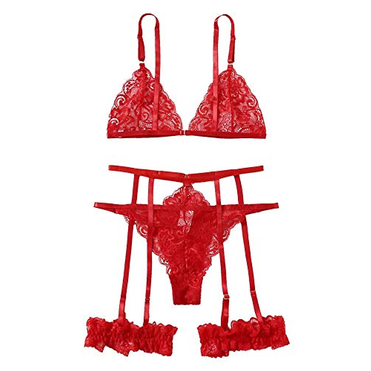 WDIRARA Women's 3 Pieces Mesh Floral Lace Scalloped Trim Garter Lingerie Set Red S