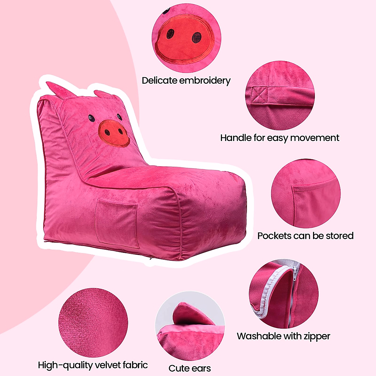 Recaceik Kids Bean Bag Chair, Soft Memory Foam Filled Bean Bag Seat for Baby Girl/Boy, Animal Bean Bag Chair with Removable Cover and Top Handle, Cartoon Sofa for Nursery, Playroom, Living Room